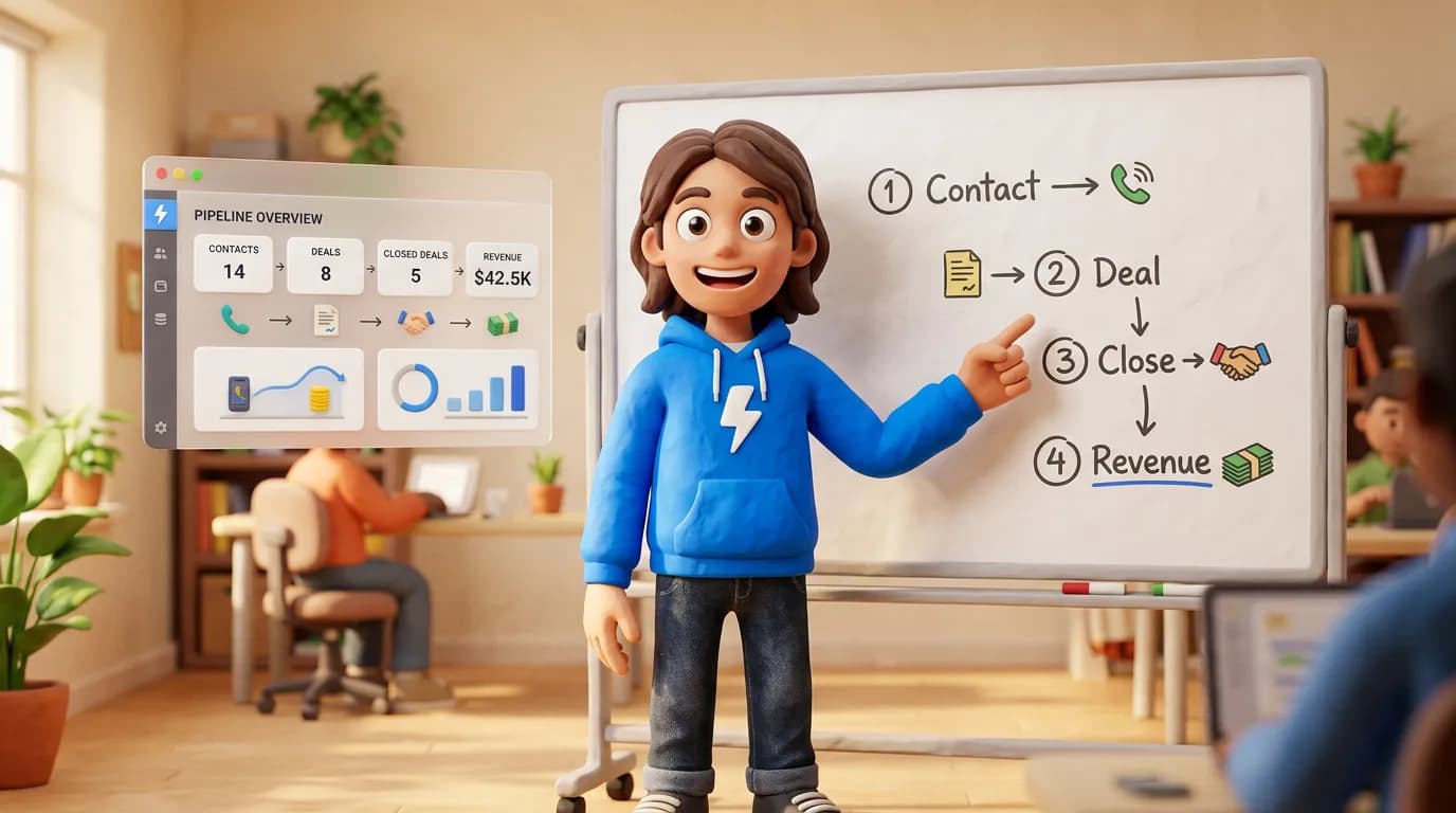 The core CRM workflow your team actually uses — contacts, pipeline, activities, and reports