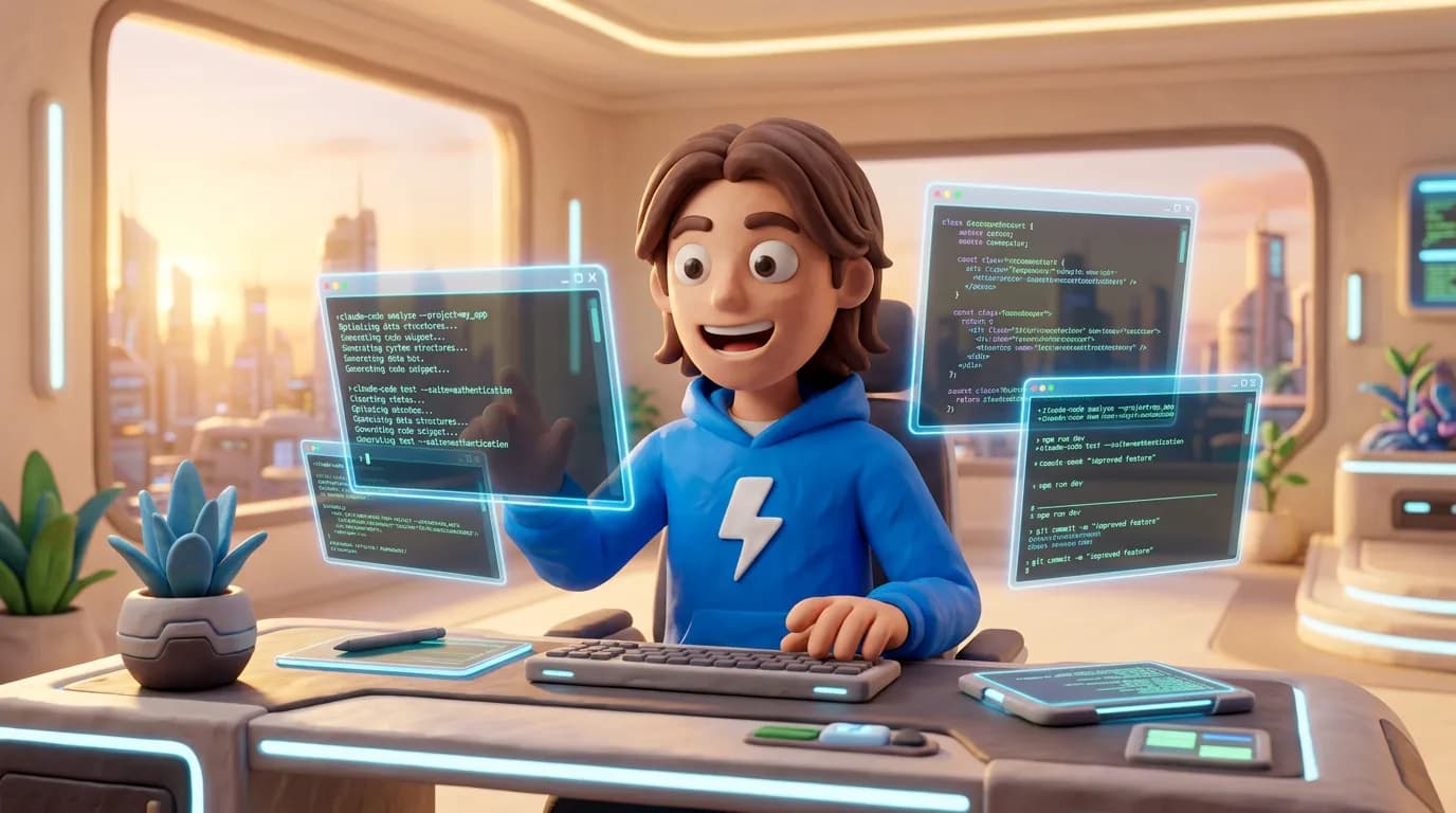 Developer using Claude Code at a futuristic terminal with holographic code windows