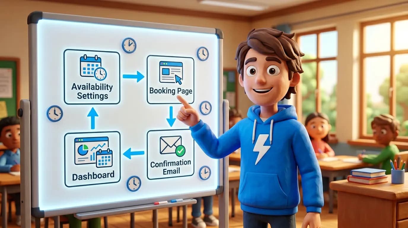 A scheduling app needs four core components: availability, a booking page, confirmations, and a dashboard