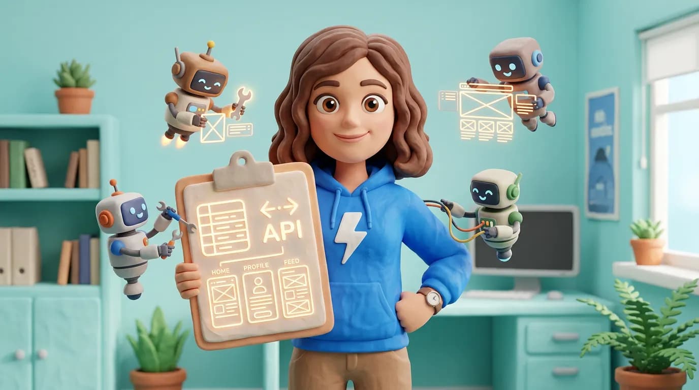 Developer holding a glowing spec document with robot agents executing different parts simultaneously — database schema, API routes, components