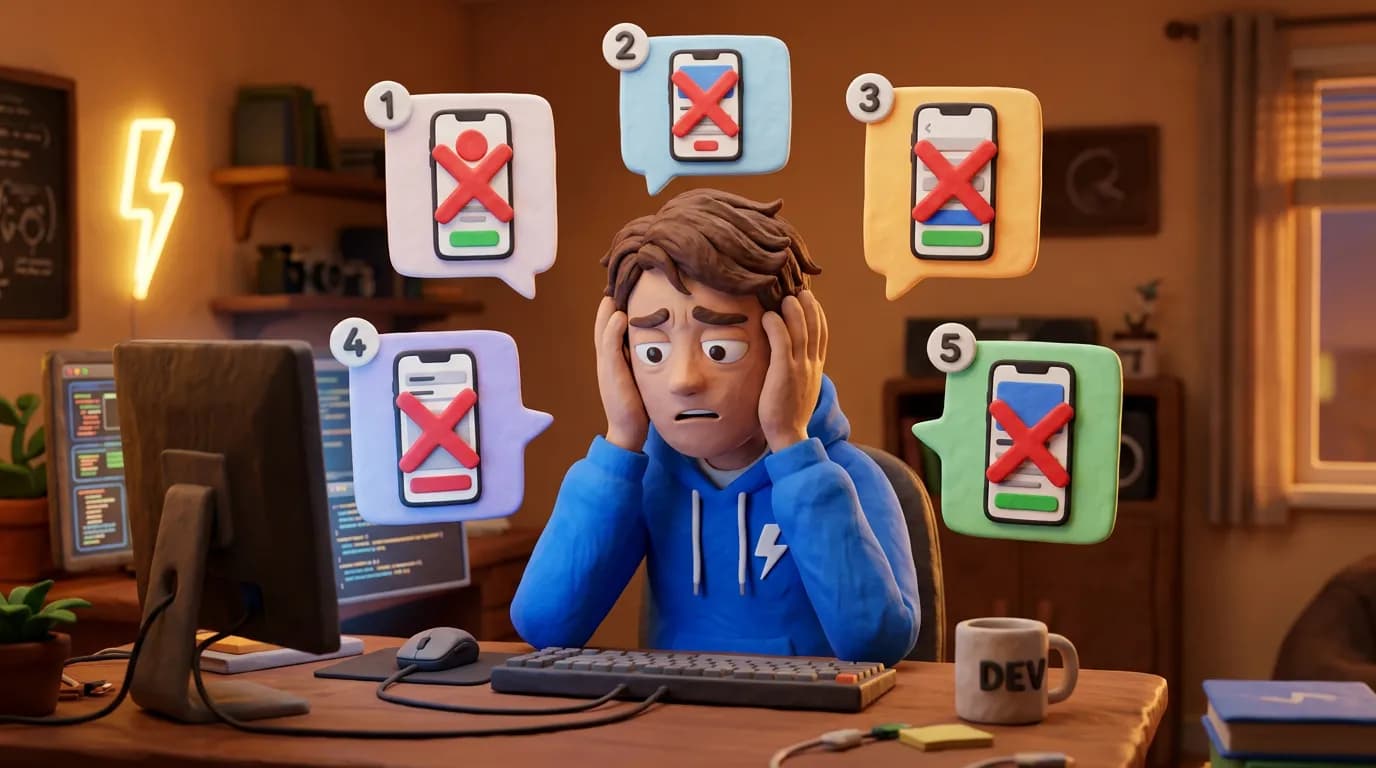 Developer surrounded by five nearly-identical but slightly-wrong UI revisions, exasperated at the drift