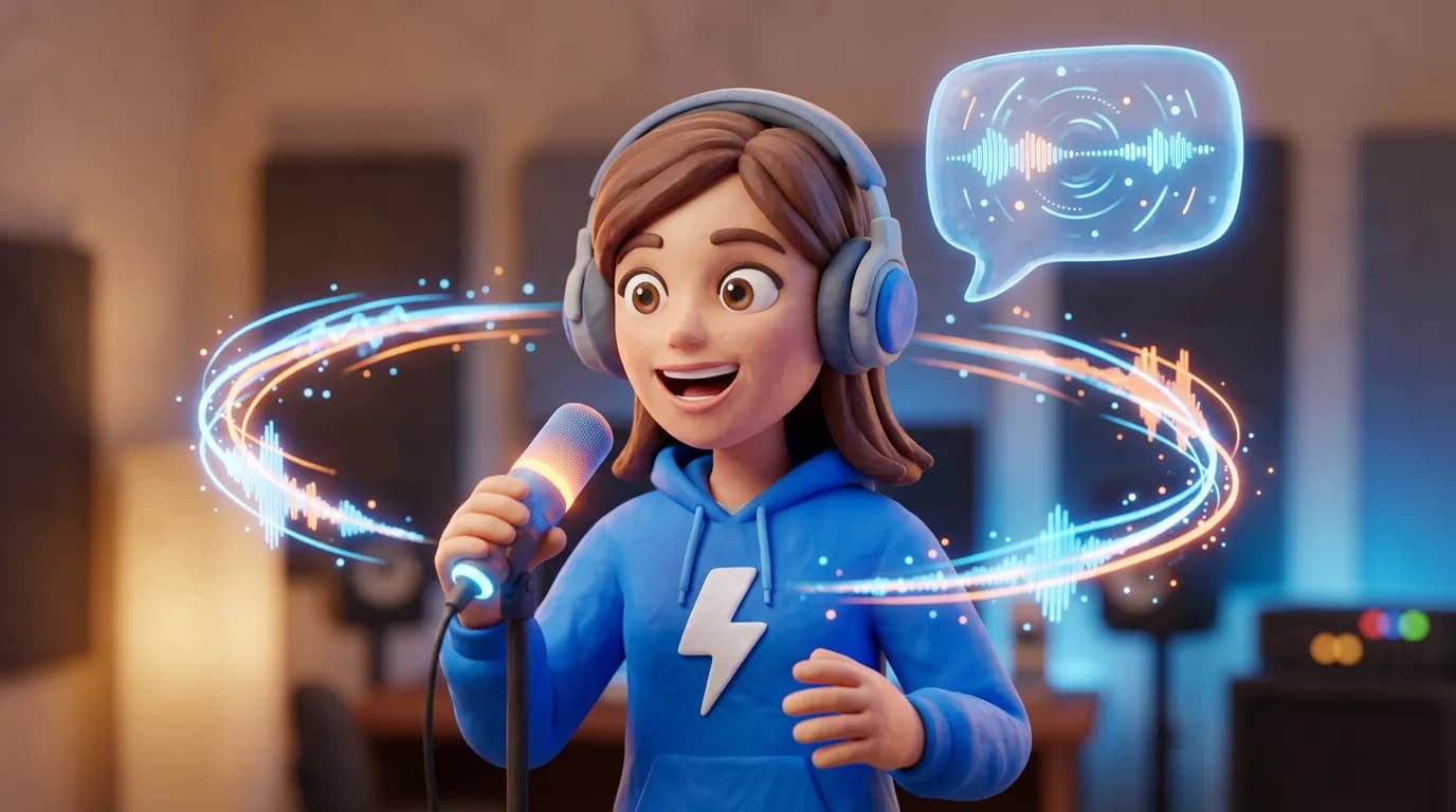 Realtime voice interaction in OpenClaw — the developer holds a glowing microphone with waveform arcing around them, headphones on, mid-conversation