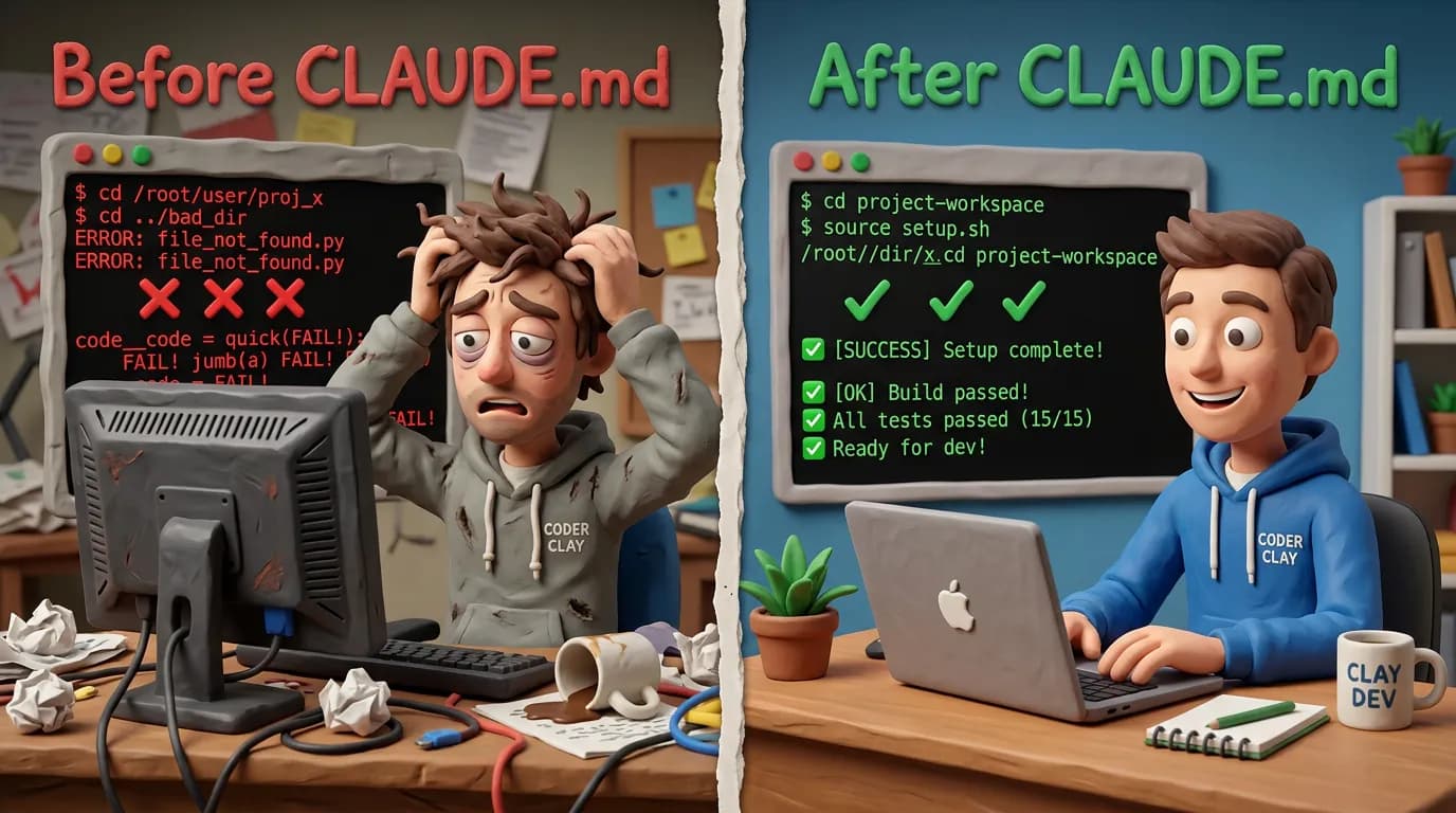 CLAUDE.md before and after — Claude Code following project conventions vs ignoring them