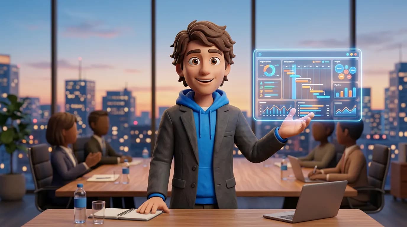 An agency leader showing clients their custom-built project portal, report dashboard, and pipeline tool