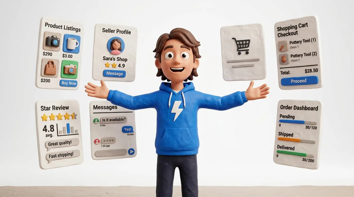 Marketplace builder — character surrounded by six floating marketplace screens