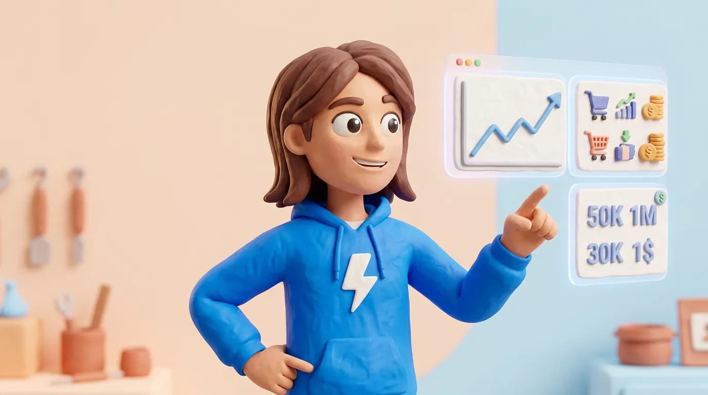 Marketplace analytics — character pointing at sales dashboard and upward graph