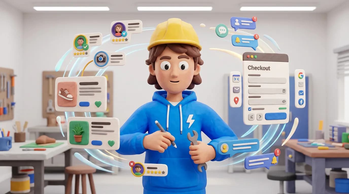 Building marketplace components — character with hard hat surrounded by assembling UI elements