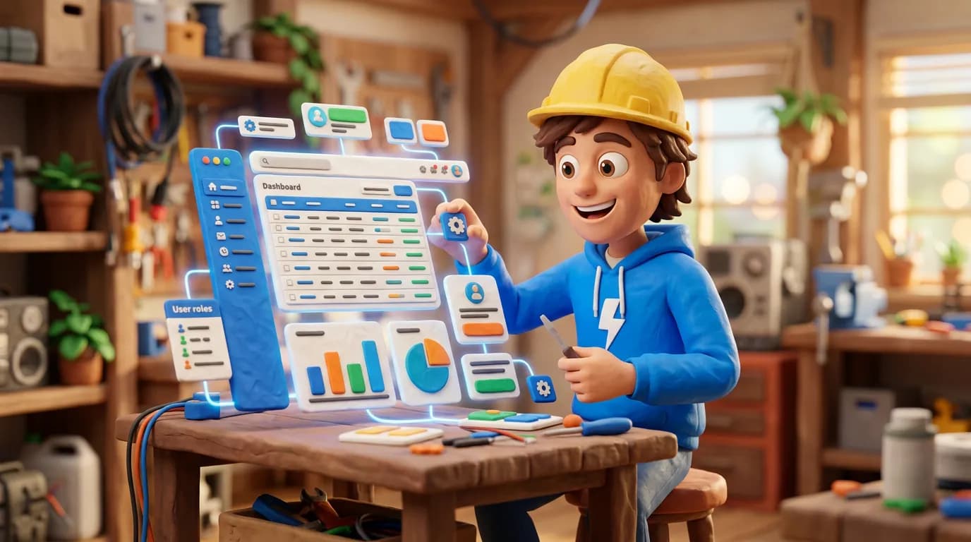 Admin panel components assembling: data table, navigation, charts, and user management