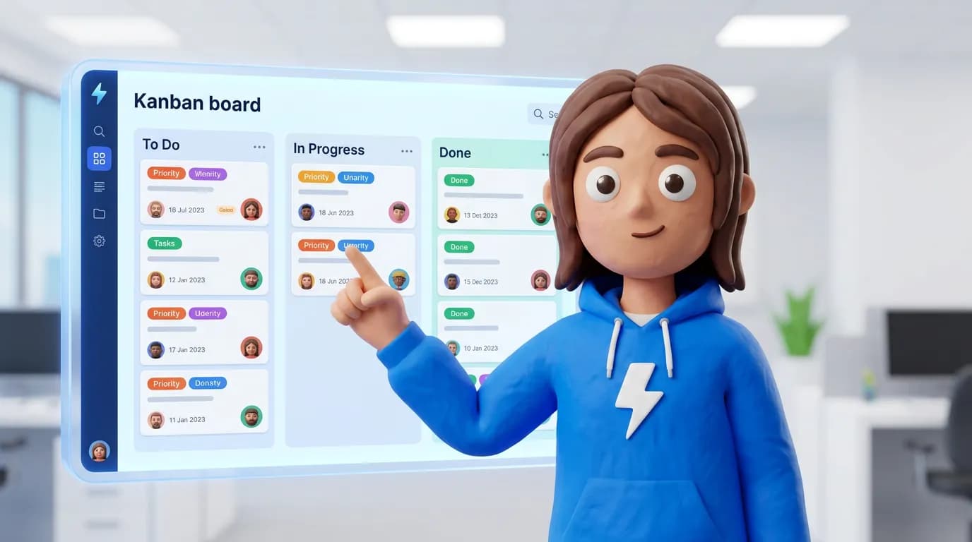 A finished custom kanban board built with Blink — drag-and-drop cards, team auth, and real-time updates