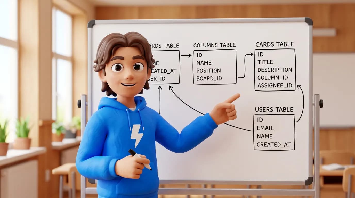 Kanban board database schema — boards, columns, cards, and users with foreign key relationships