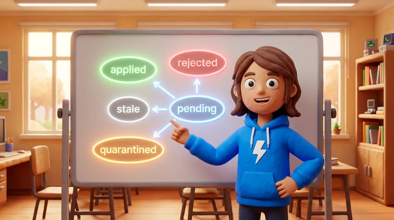 The five states of an OpenClaw Skill Workshop proposal — pending is the entry point, from which proposals transition to applied, rejected, quarantined, or stale on hash mismatch.