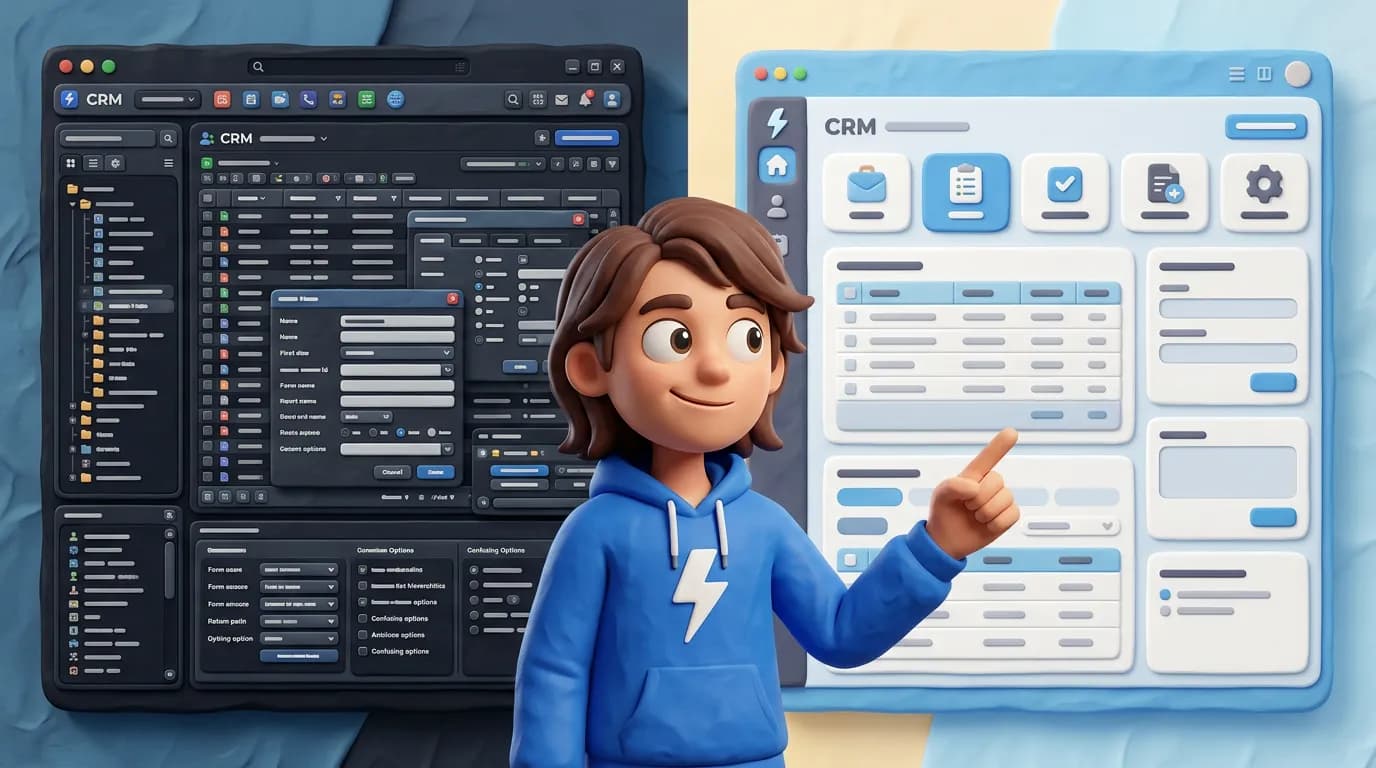 Custom CRM built with Blink vs Salesforce: clean focused interface on the right vs bloated complex interface on the left