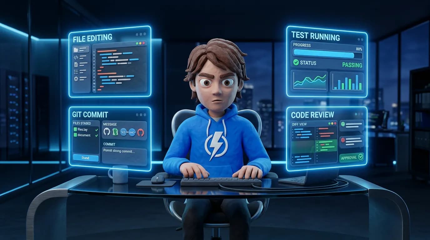 Claude Code running four simultaneous tasks — the agentic coding model where the AI does the work while you review