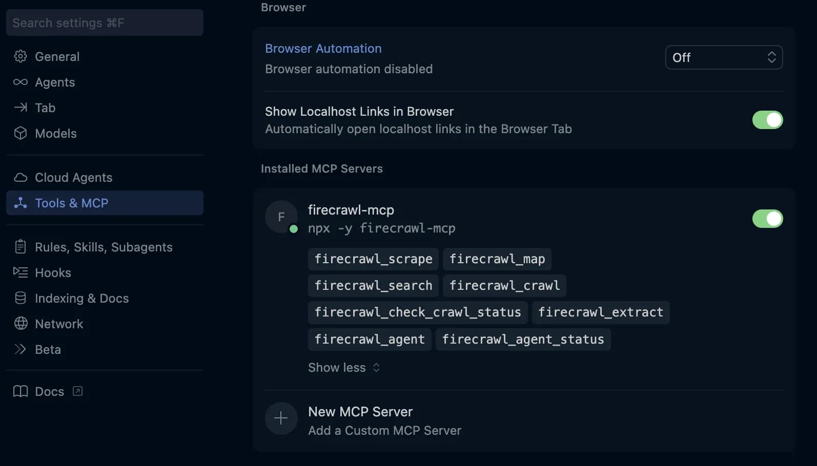 Cursor's MCP panel showing connected infrastructure tools after installing blink-plugin — database, auth, and hosting all appear as available tools