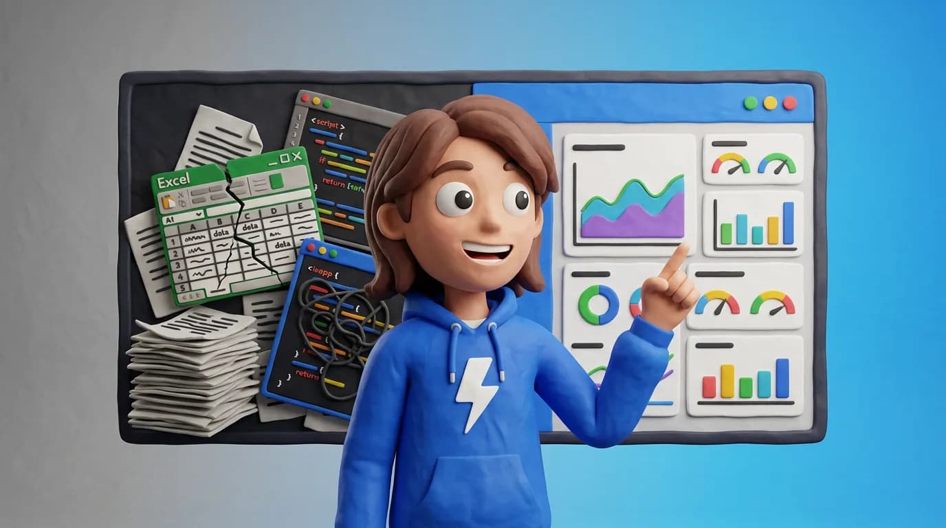 Old way vs new way — chaotic spreadsheets and fragmented tools vs a clean real-time dashboard built in an afternoon
