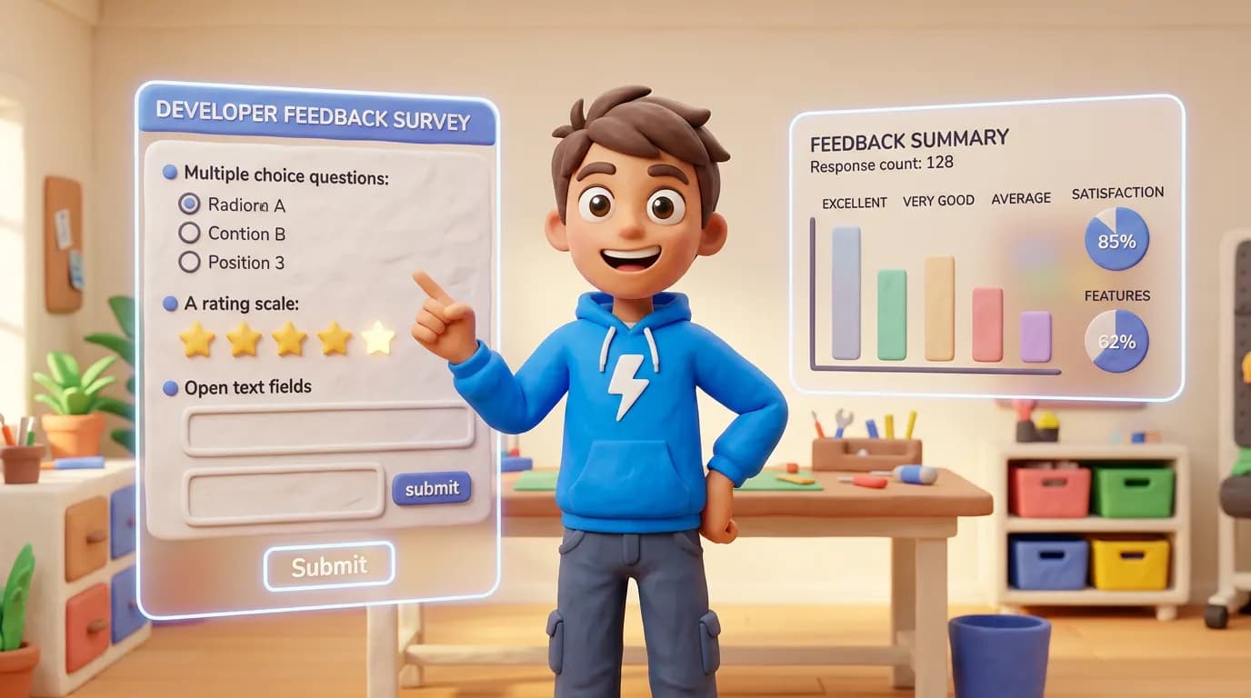 A custom survey tool showing form builder, question types, and live response analytics