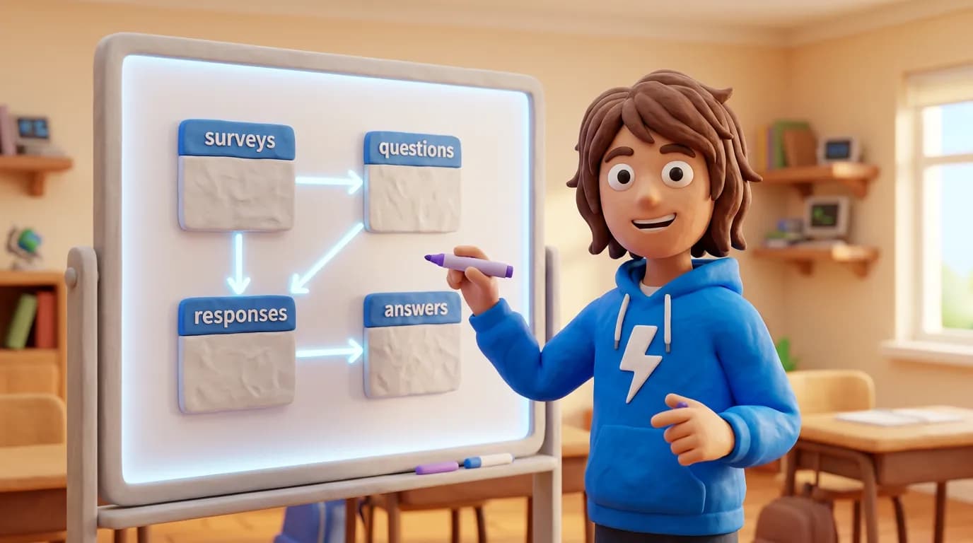 Survey tool database schema — surveys, questions, responses, and individual answers