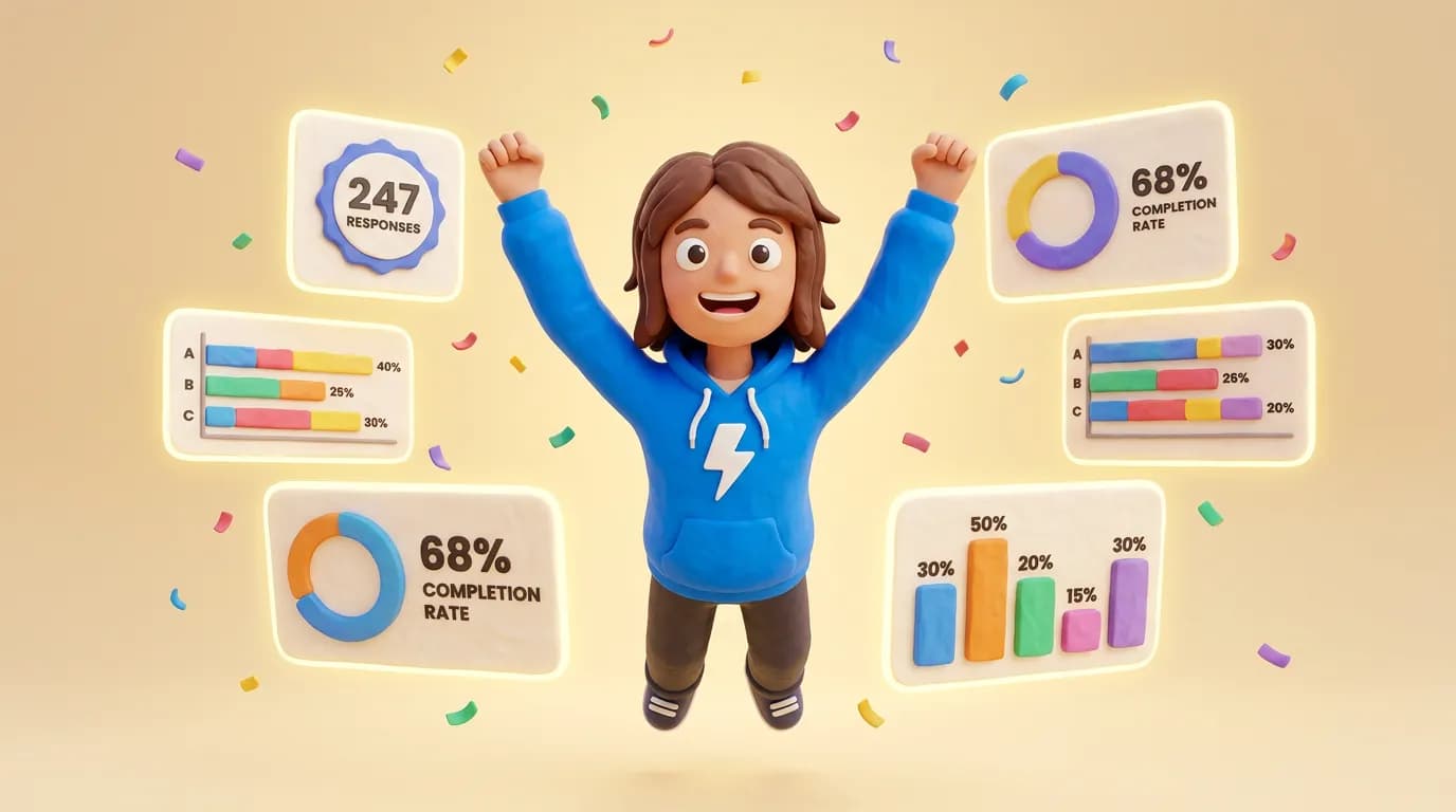 Survey results dashboard — response count, completion rate, and answer distribution built with Blink