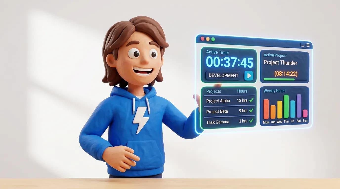 A time tracking app dashboard showing active timers, project breakdown, and weekly totals — the core screens you'll build