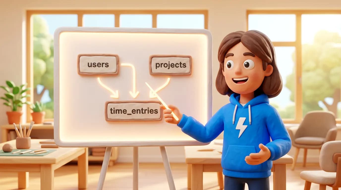 Time tracking app database schema — users, projects, and time entries with relationships