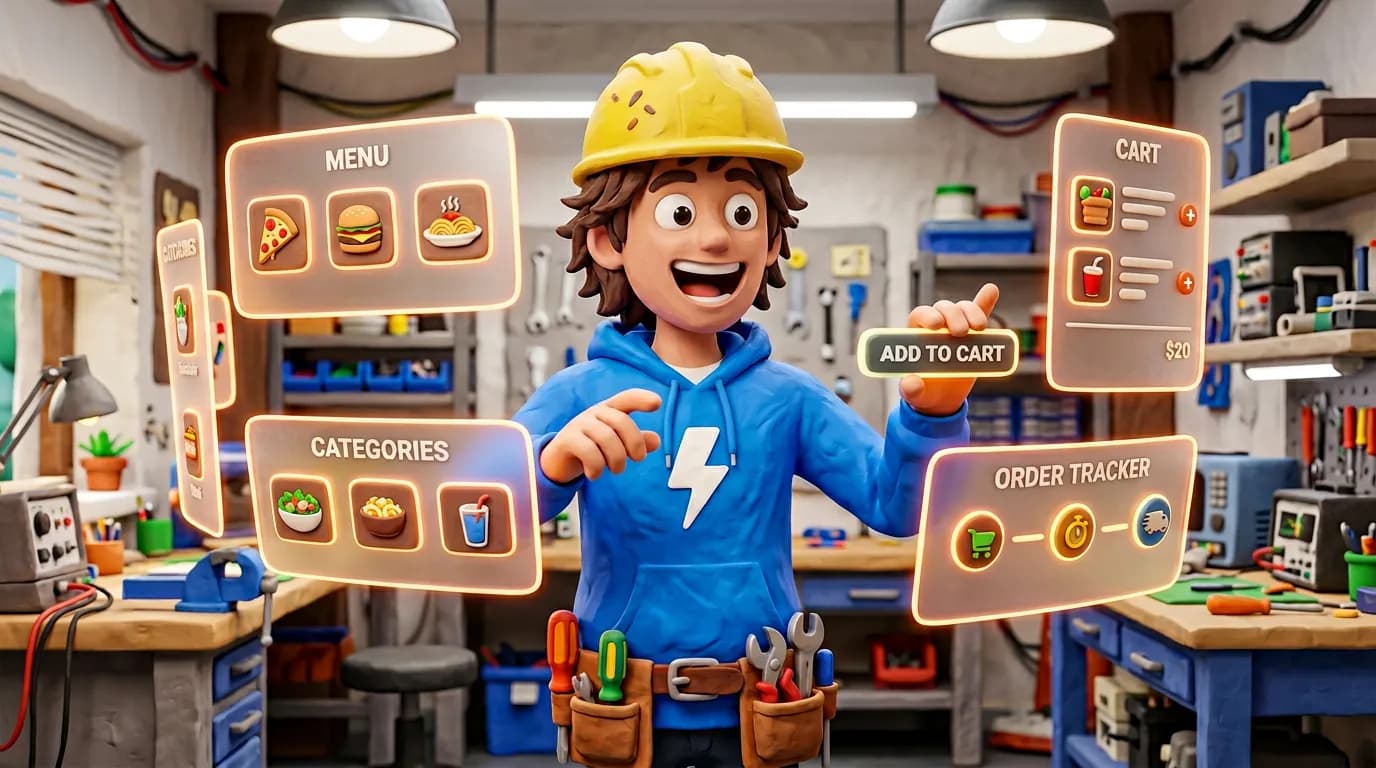 Developer building a restaurant ordering app with floating UI components assembling around them
