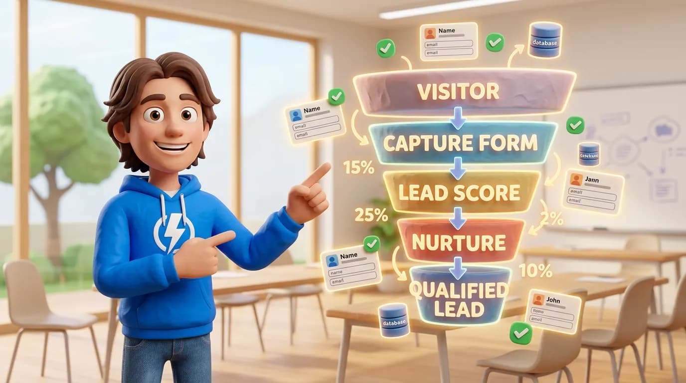Lead generation funnel — from visitor capture to qualified lead, with scoring and nurture automation