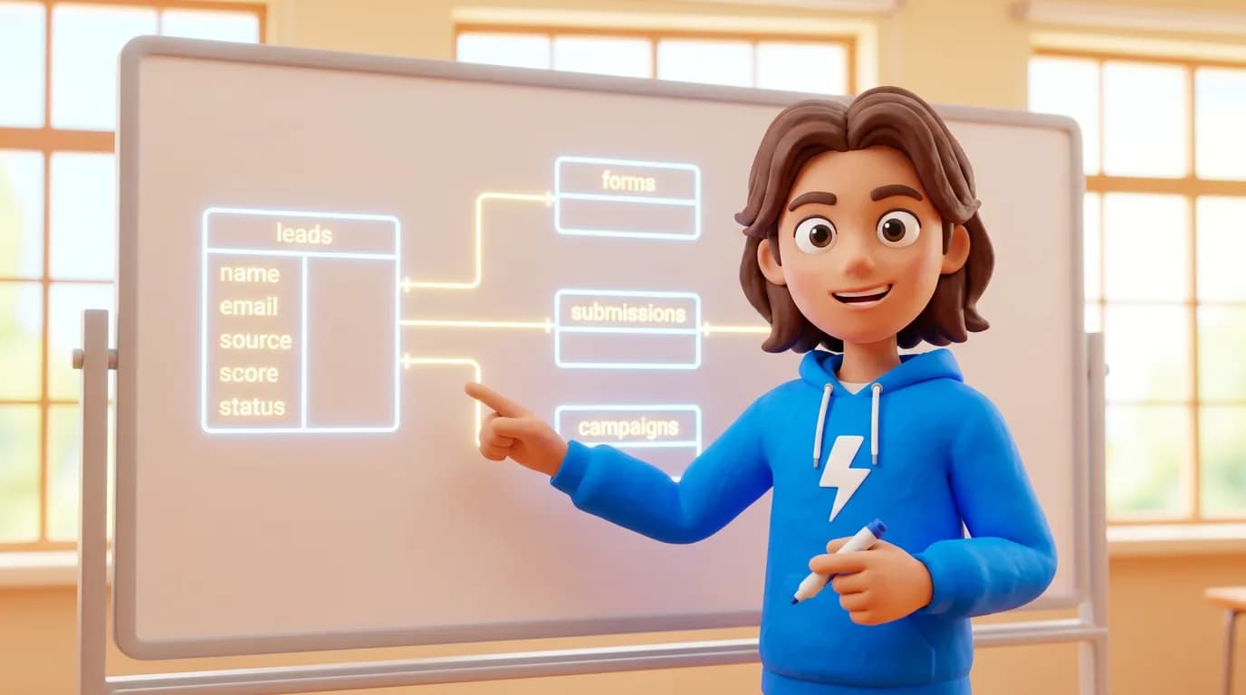 Lead generation tool database schema — leads, forms, submissions, and campaign tracking tables