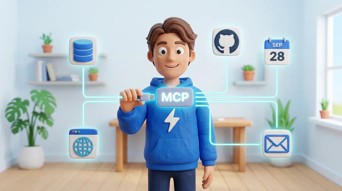 MCP: one standard protocol connects AI agents to any tool — database, GitHub, calendar, and more