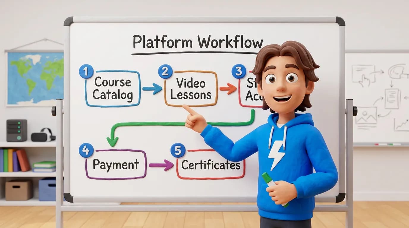 Core components of an online course platform — course catalog, video lessons, student accounts, payment, certificates