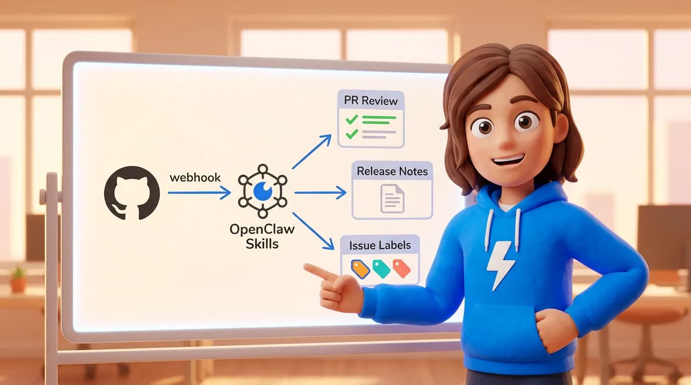 How OpenClaw developer skills integrate with your GitHub workflow — webhook triggers PR Review, Release Notes, and Issue Labels automatically
