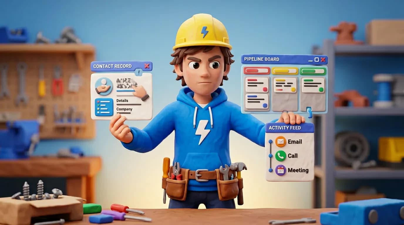 Custom CRM being assembled from components — contact records, pipeline board, activity log — in Blink without DevOps setup