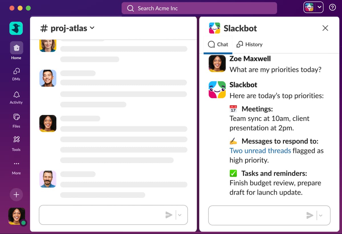 Slack workspace where teams use bots for automation — ticket creation, channel summaries, and AI-powered responses