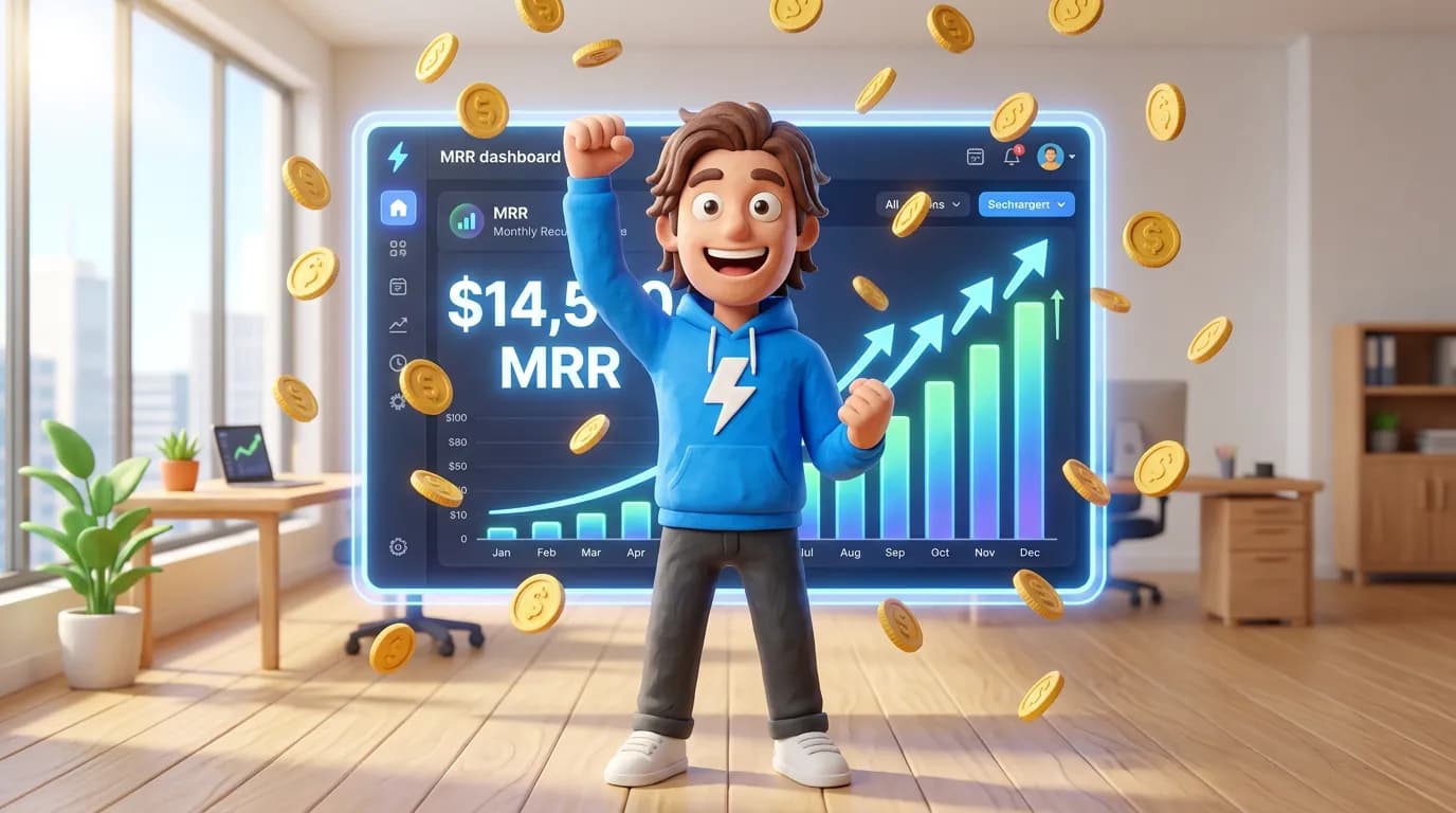 Developer celebrating subscription MRR growth with revenue dashboard showing $14,500 monthly recurring revenue