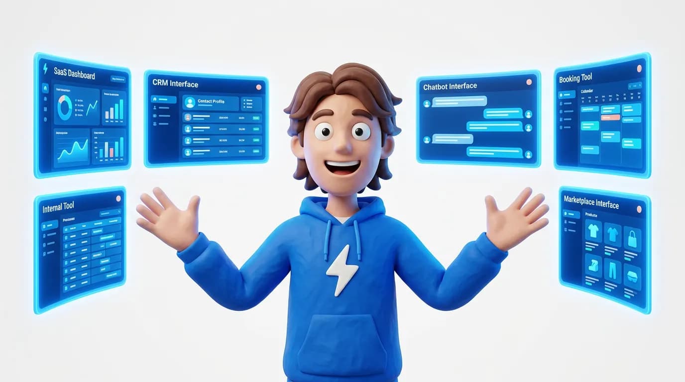 The range of apps a non-technical founder can build with vibe coding — SaaS, CRM, chatbot, booking tool, internal tool, marketplace