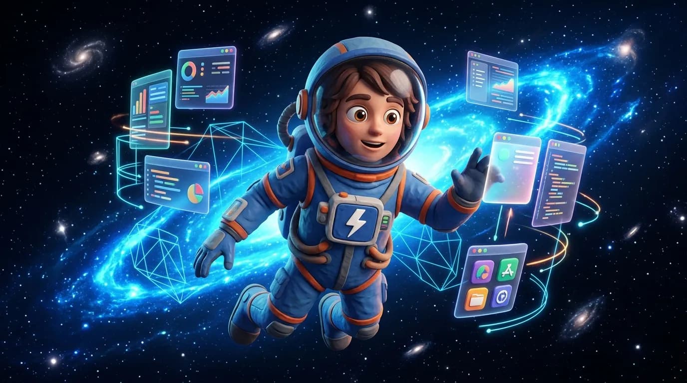 Vibe coding for beginners — floating in space with UI panels assembling into a working app