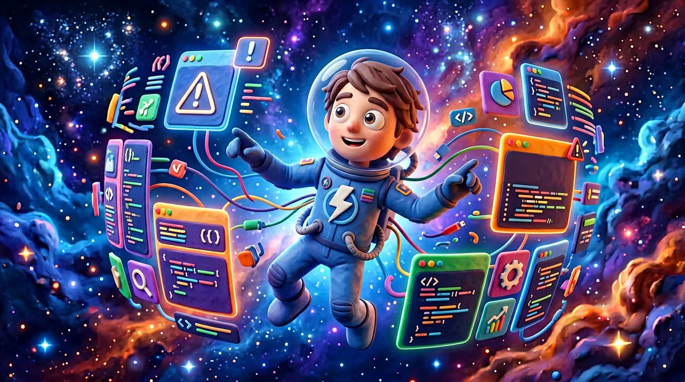 Vibe coder floating in space watching app panels assemble, with warning signals on two broken panels