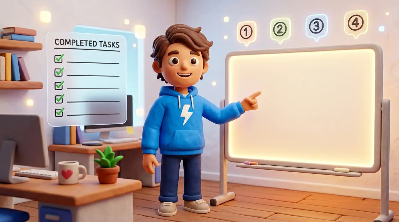 Developer pointing at a test-after-each-step checklist on a glowing whiteboard with checkmarks