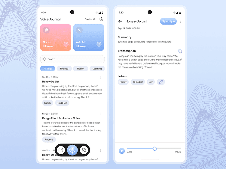 A structured voice journal entry: timestamp, transcript, tags, and action items in one organized note