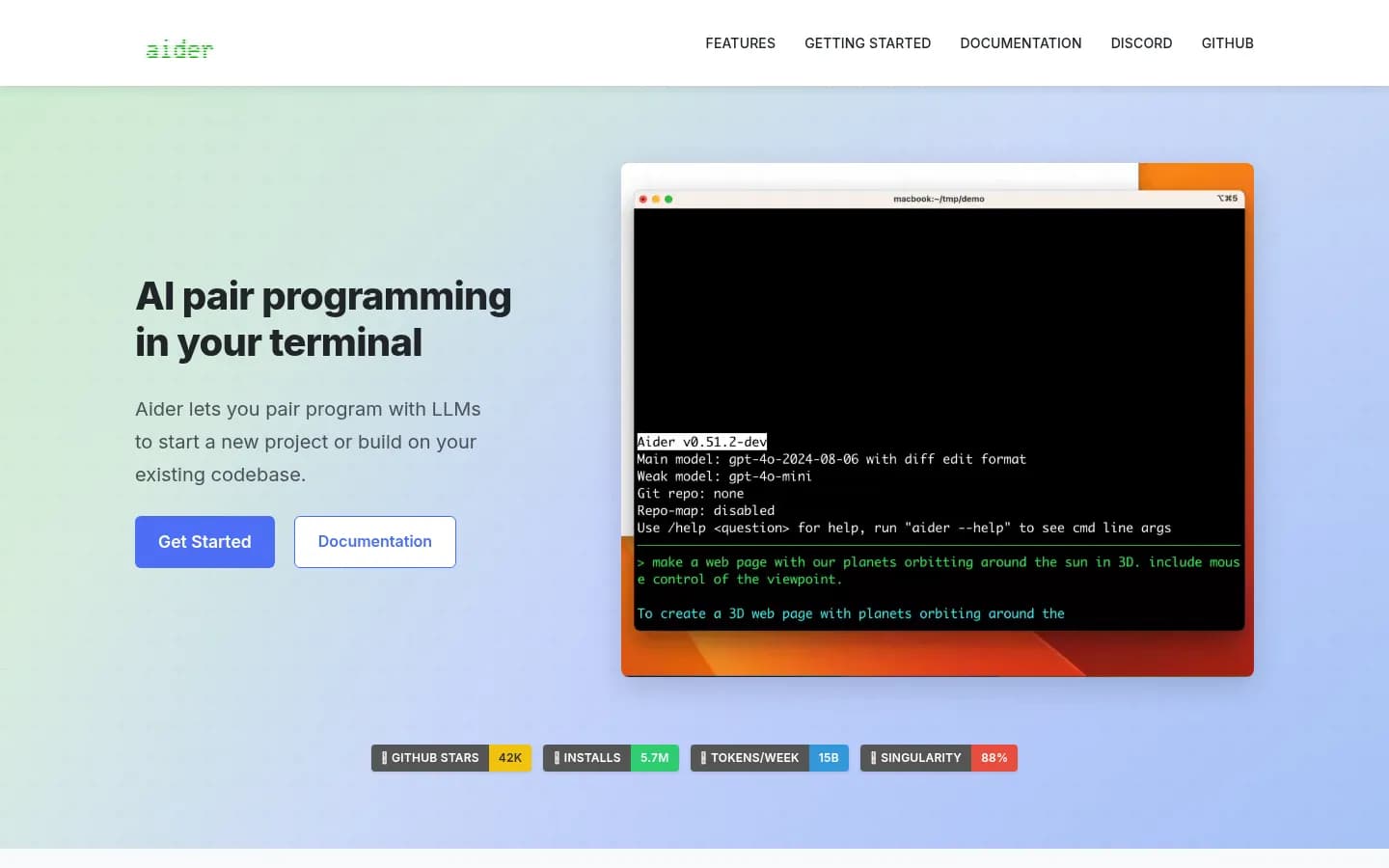 Aider landing page — open-source AI pair programmer for terminal users with BYO model support