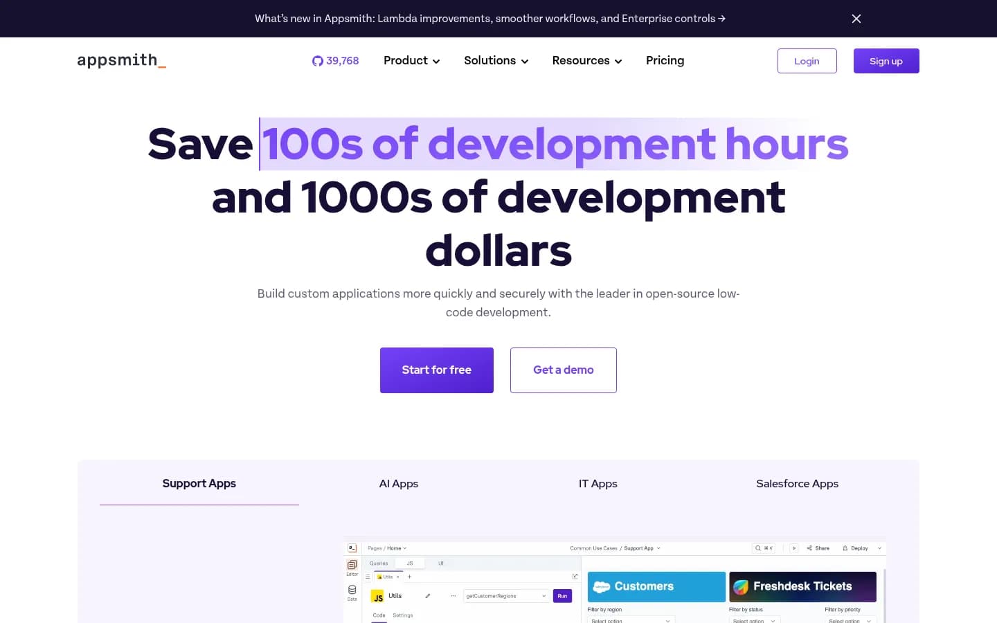 Appsmith landing page — open-source internal tool builder with 39,700+ GitHub stars and self-hosted option