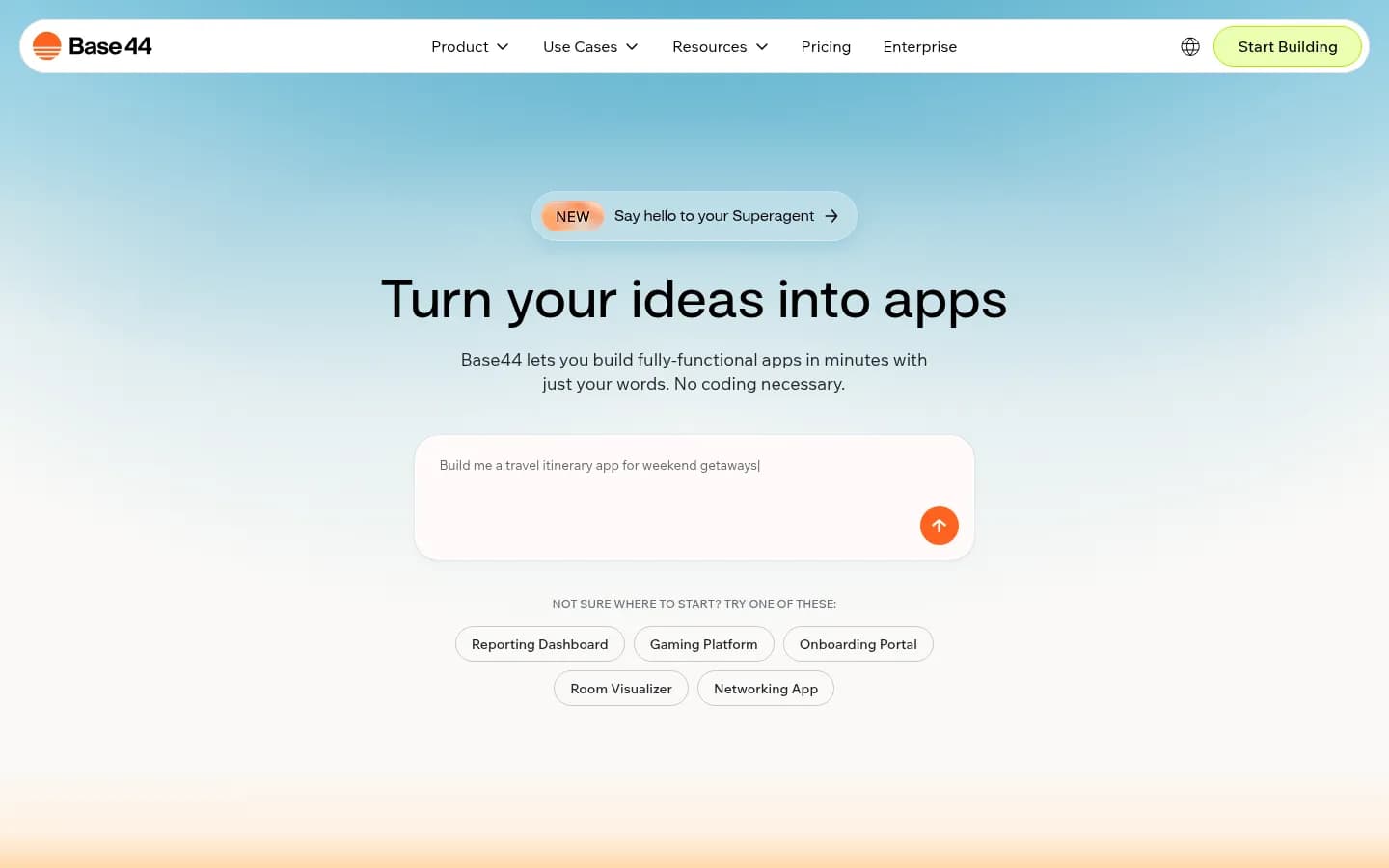 Base44 landing page — AI-first no-code platform for internal business tools with bundled backend