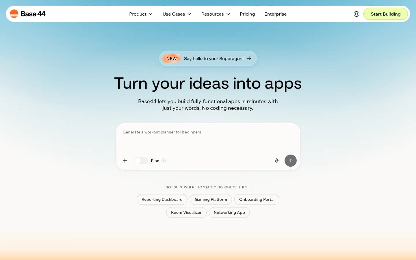 Base44 landing page — AI-powered internal tool builder with authentication, database, and analytics built in