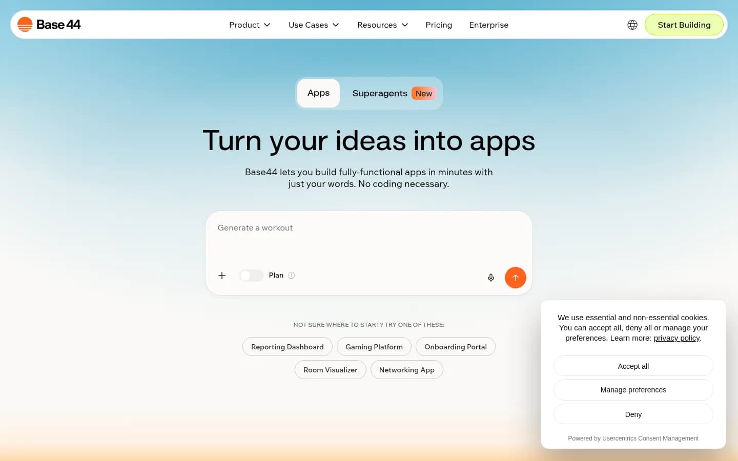 Base44 landing page — AI builder for internal tools and business apps