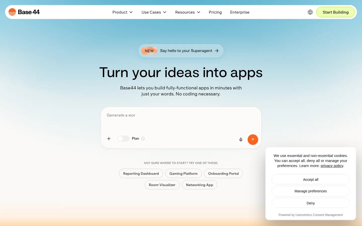 Base44 landing page — AI-powered app builder where you describe your app in natural language and it's built in minutes