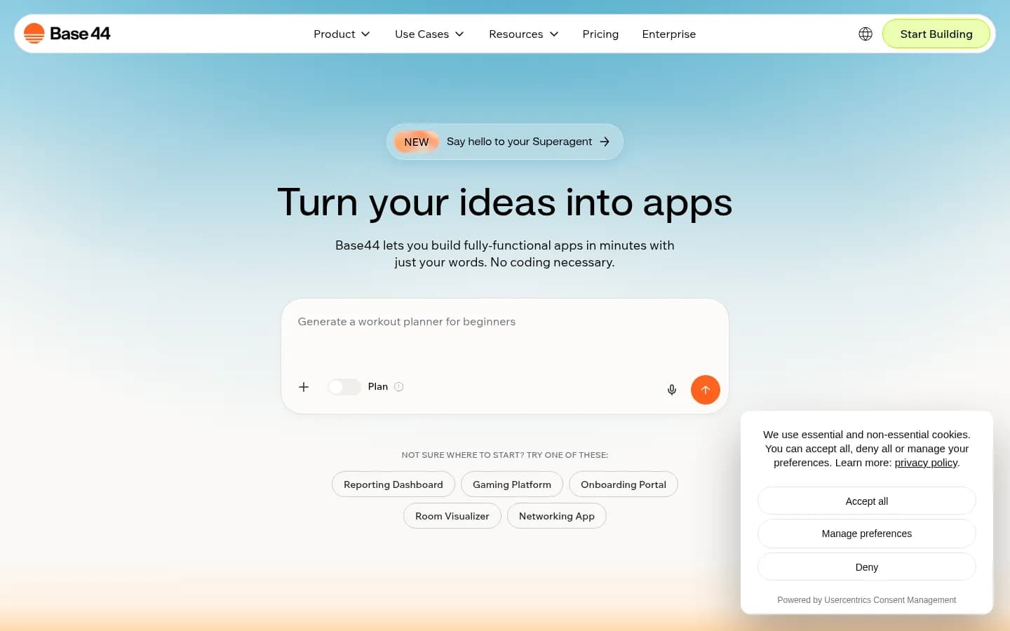 Base44 homepage — Build full-stack apps with AI