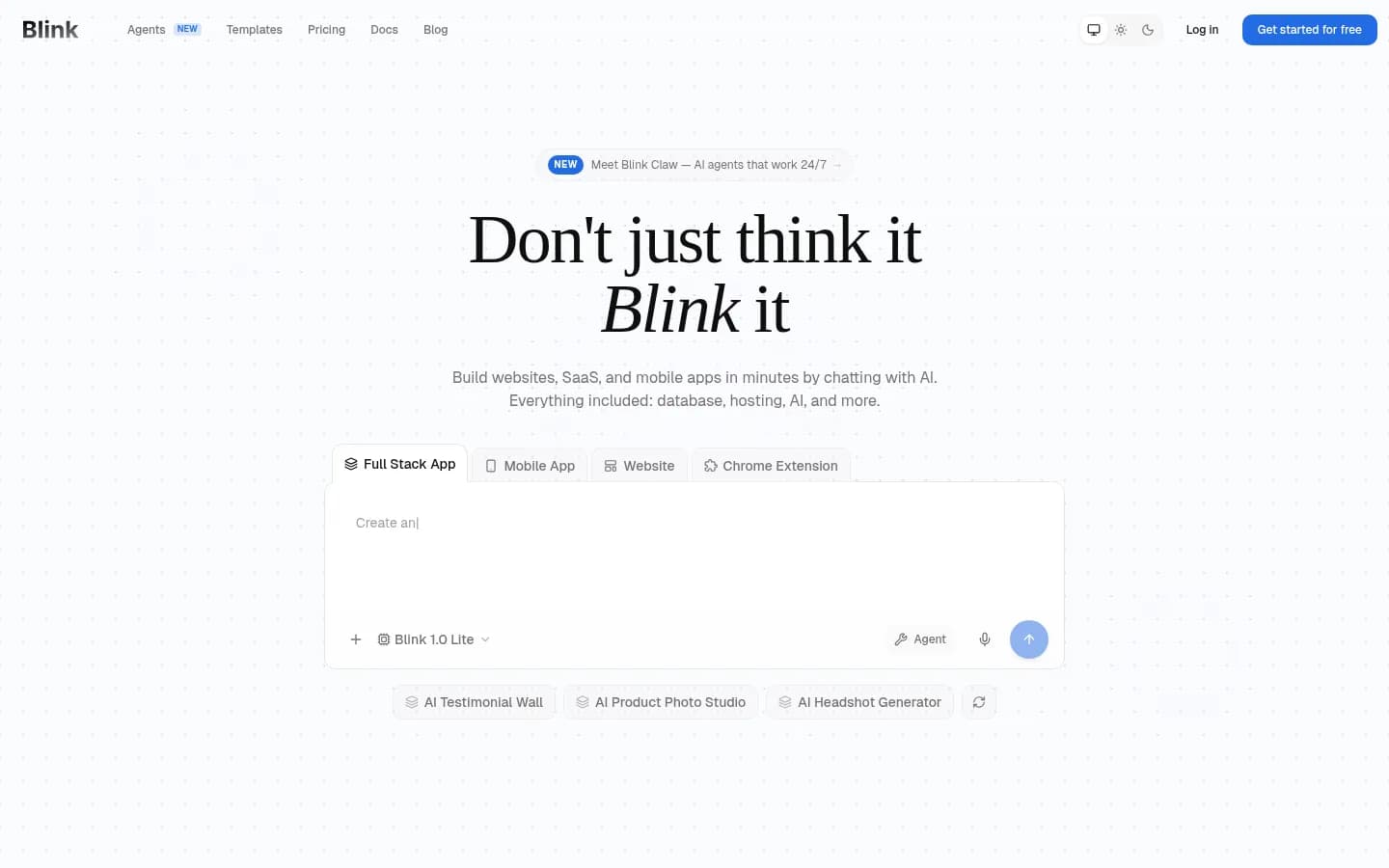 Blink landing page — AI app builder with DB, auth, and hosting all included, a full-stack alternative to v0