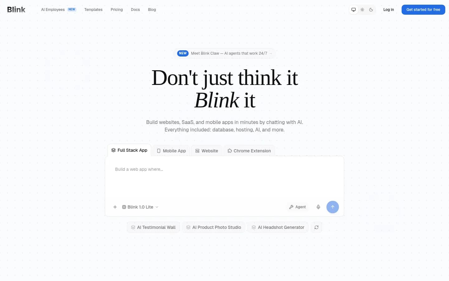 Blink landing page — full-stack AI app builder with database, auth, and hosting included