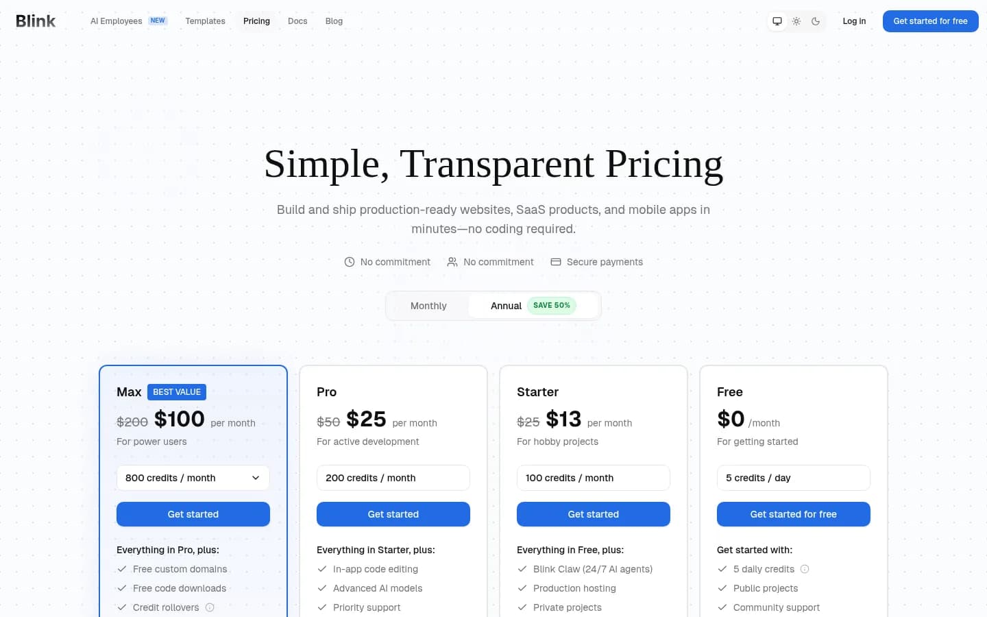 Blink pricing page — one all-inclusive plan vs Lovable's multi-service stack