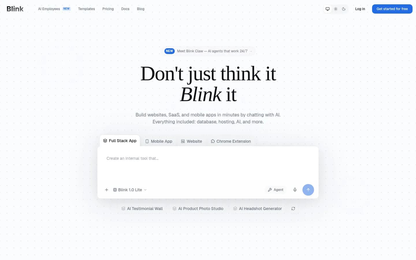Blink landing page — AI app builder with database, auth, and hosting included
