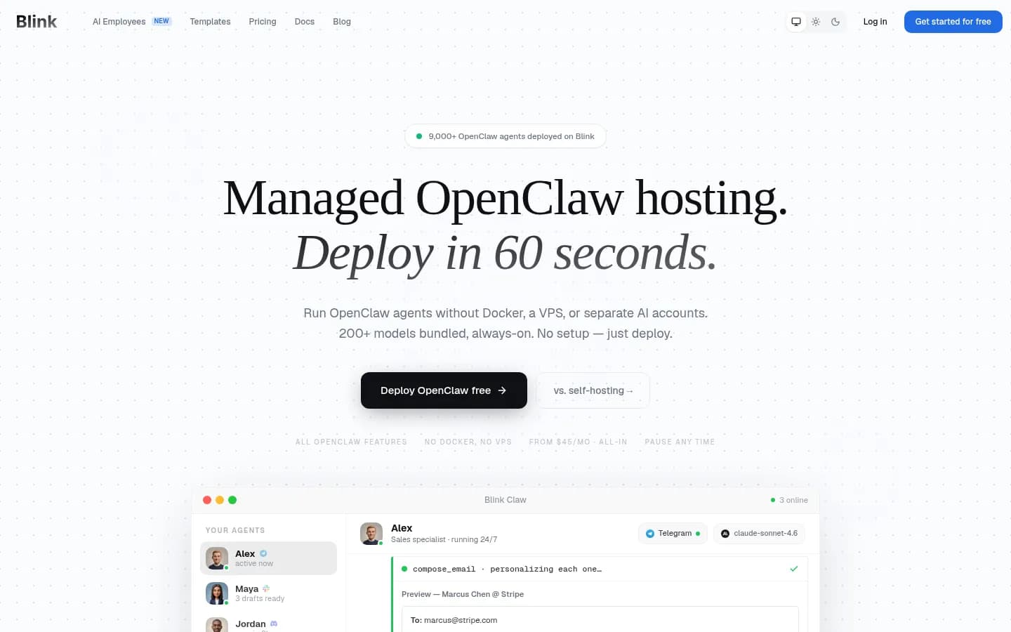 Blink Claw landing page — managed OpenClaw hosting from $22/month all-in with LLM costs included